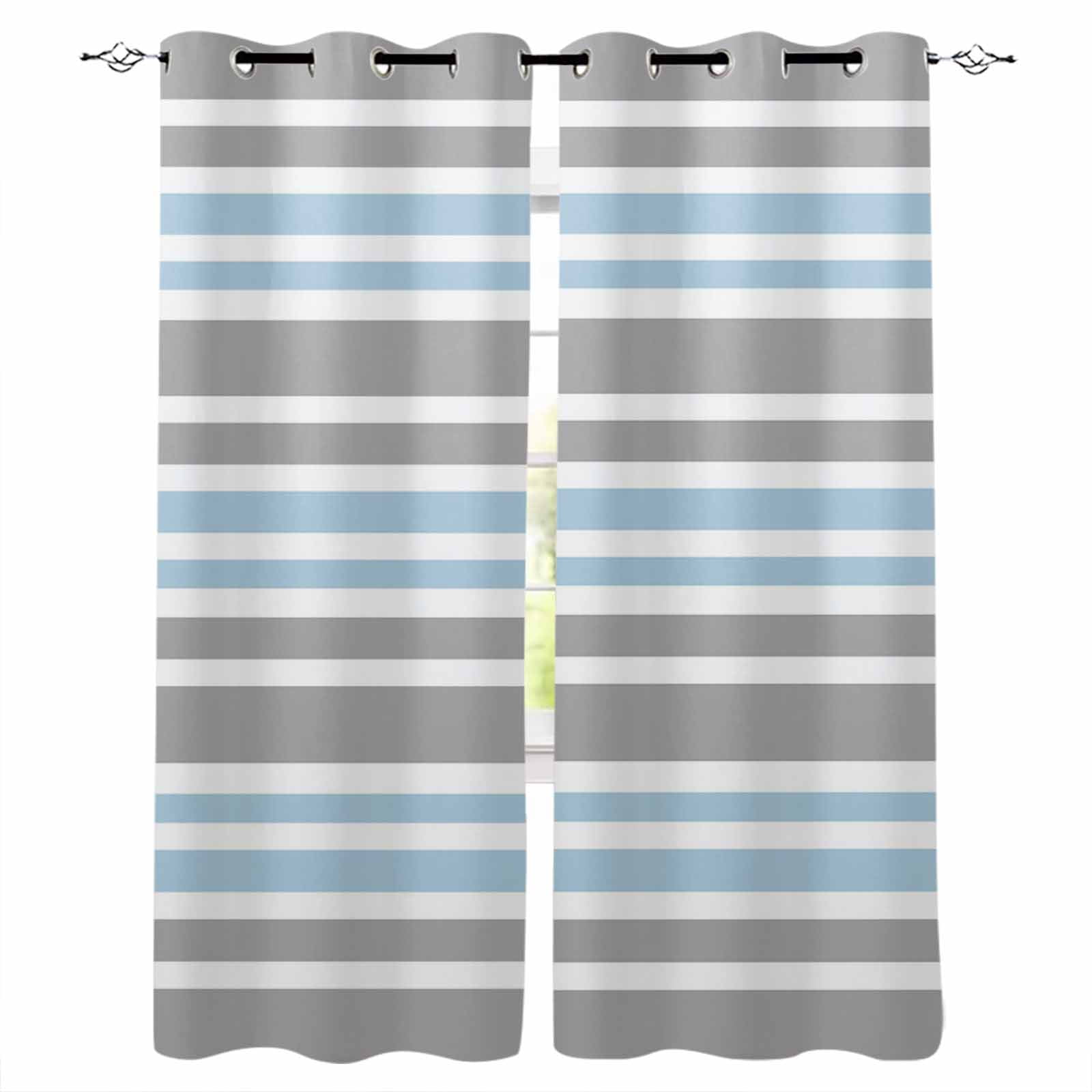 Blue Grey Striped Kitchen Curtains Horizontal Lines Simple Minimalist ...