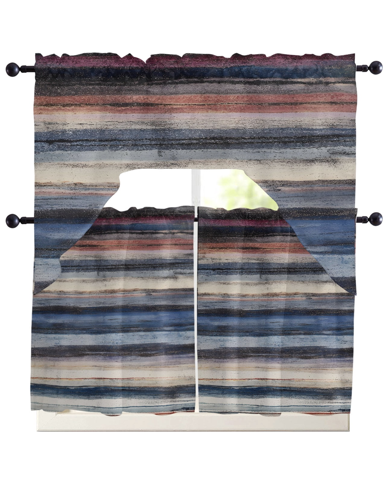 Blue Grey Striped Kitchen Curtains Set for Windows 3 Piece Cafe ...