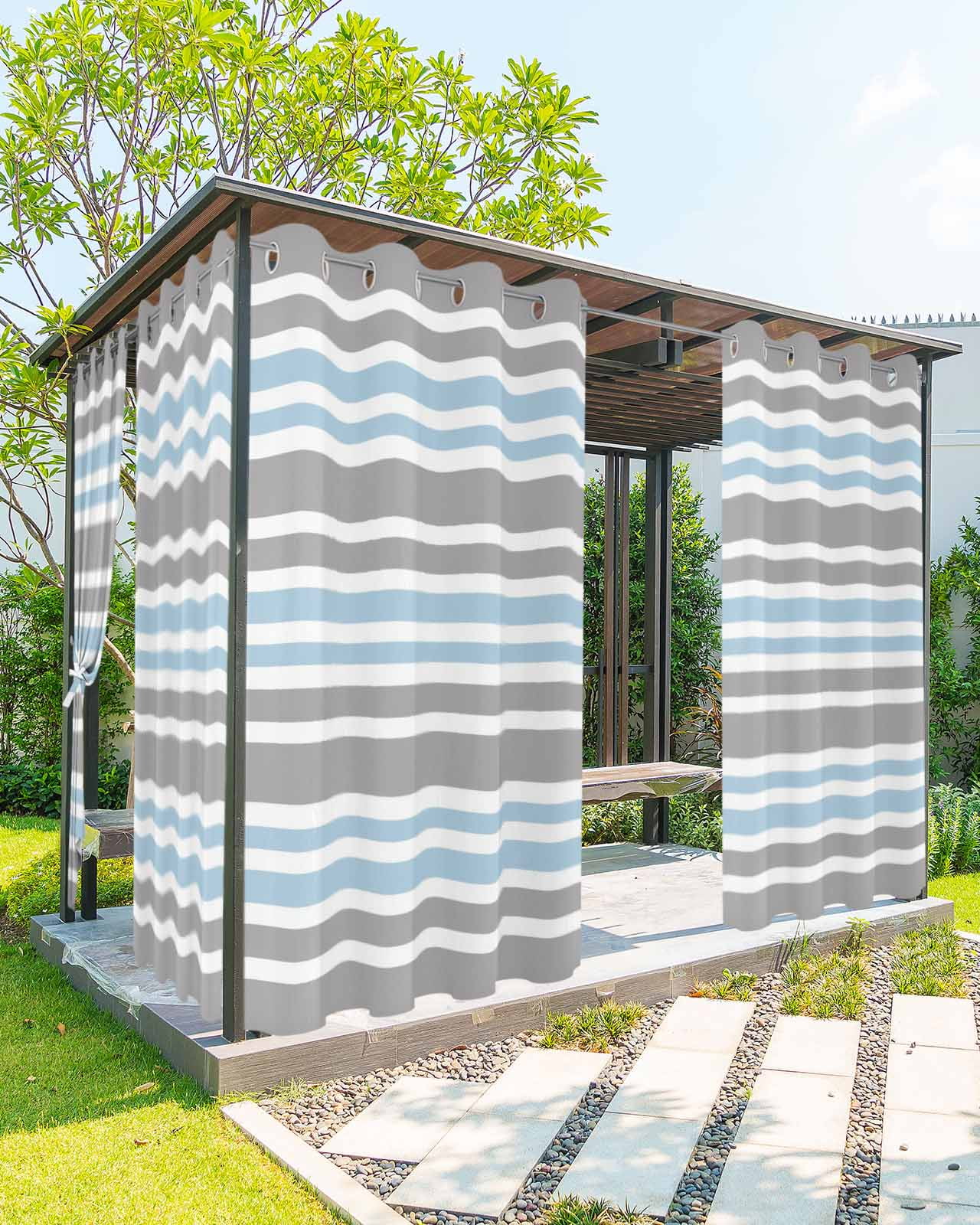 Blue Grey Striped Outdoor Curtains for Patio, Horizontal Lines Simple ...