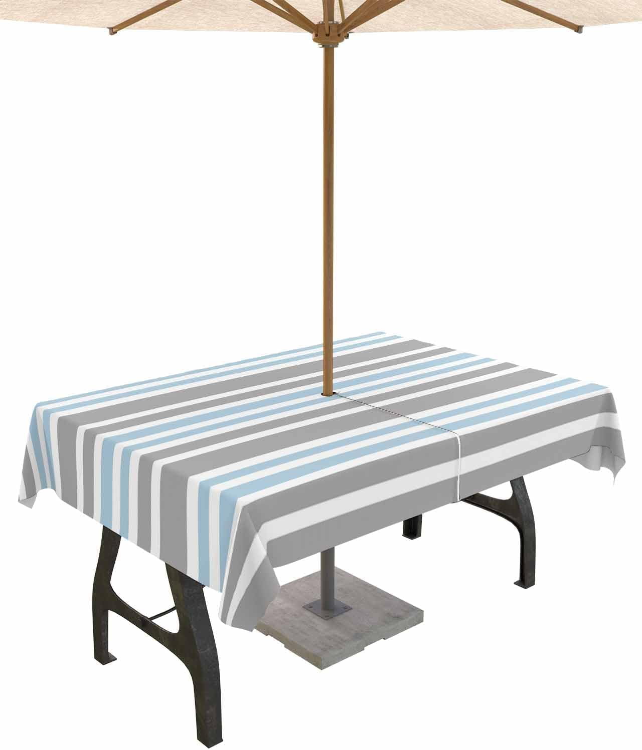 Blue Grey Striped Outdoor Tablecloth with Umbrella Hole Rectangle ...