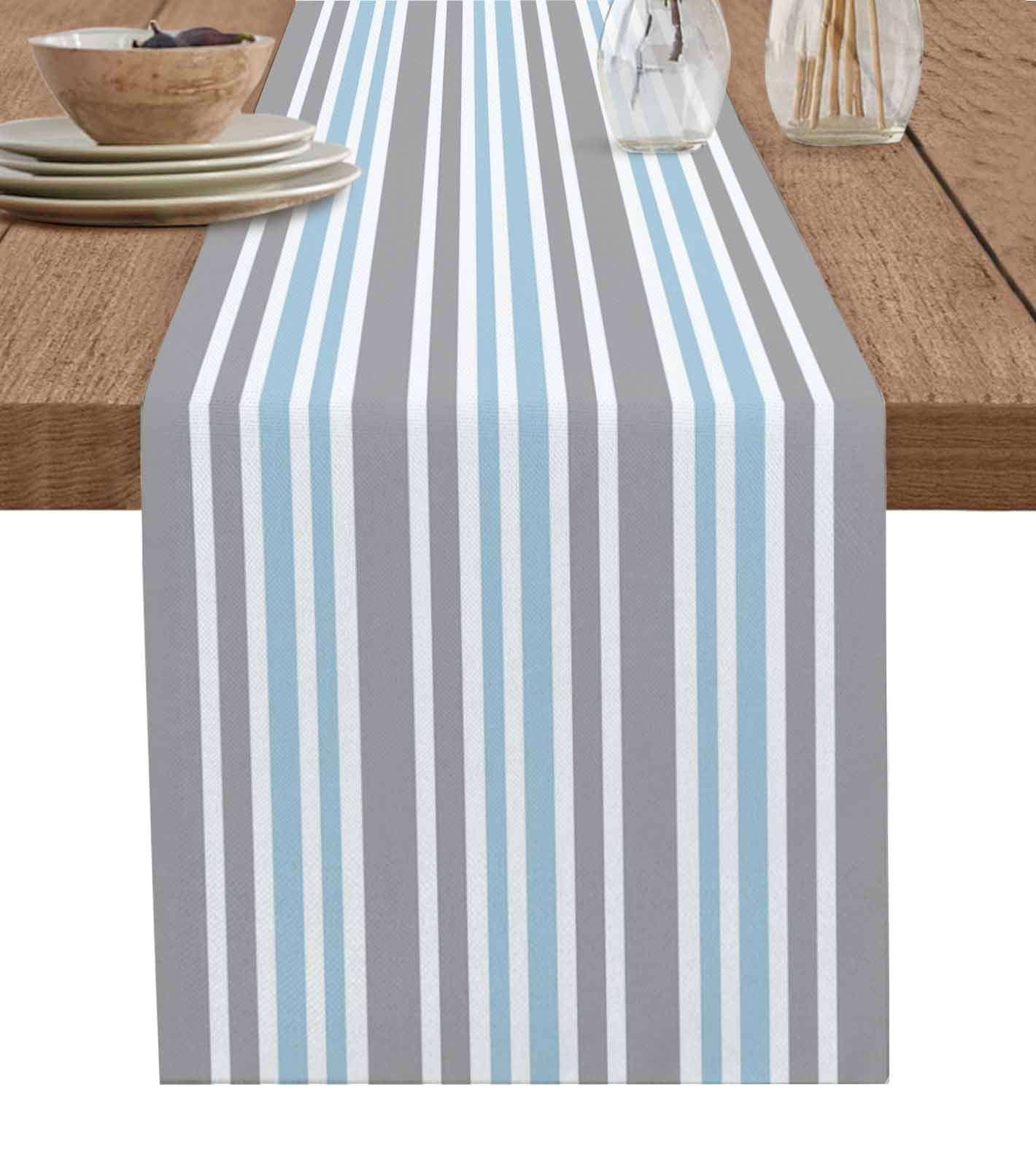 Blue Grey Striped Short Table Runners 48 Inches, Cotton Linen Fabric ...