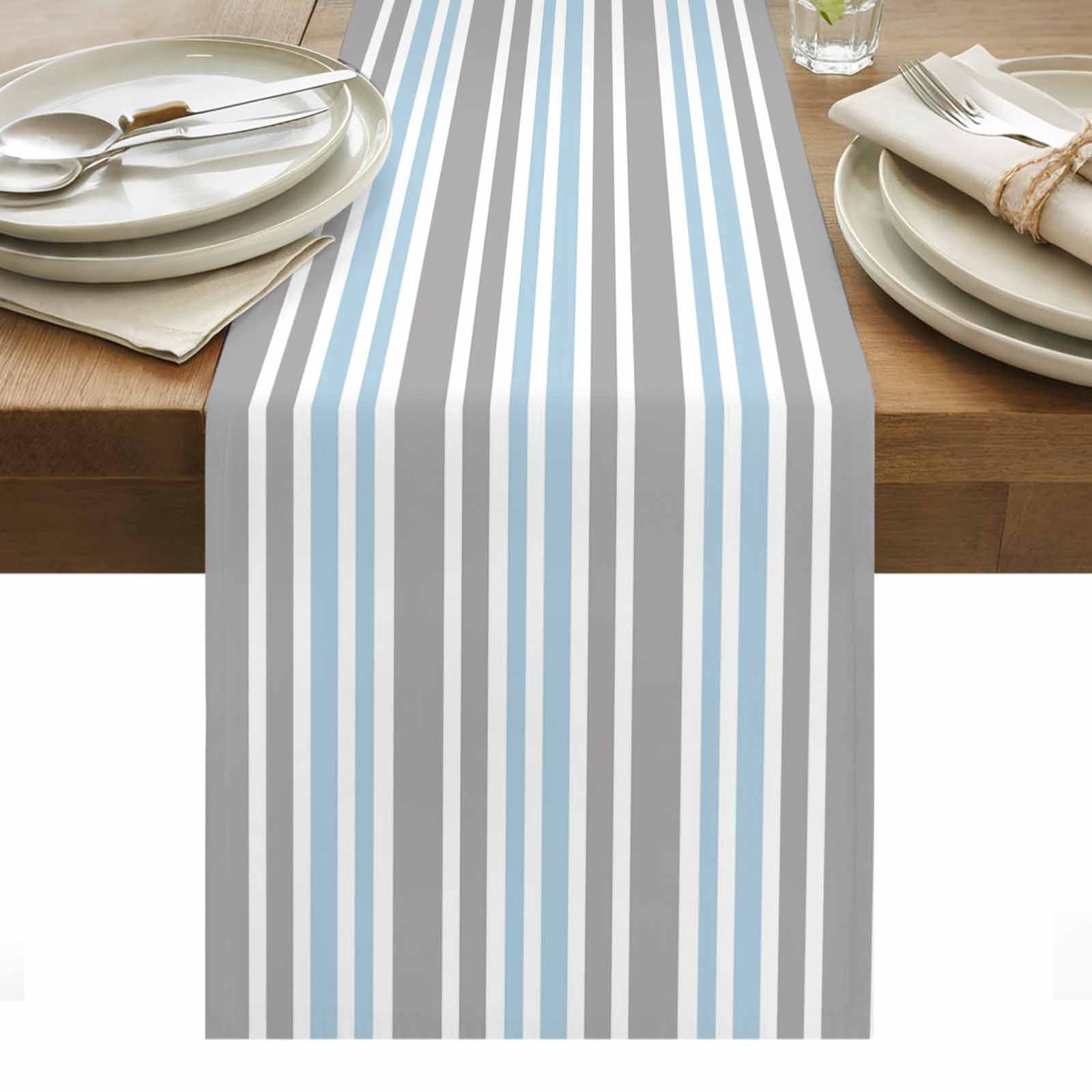 Blue Grey Striped Table Runner - 120 Inch Long, Kitchen Dining Table ...