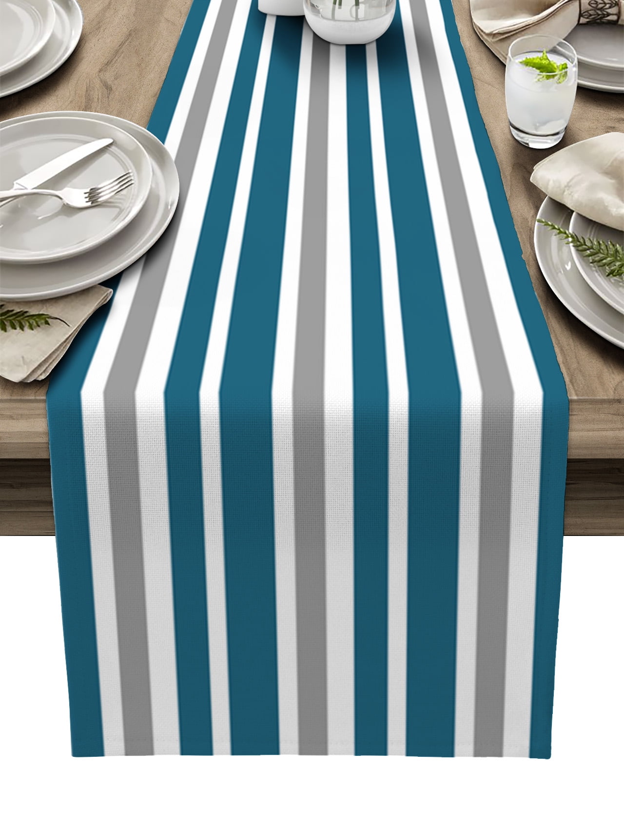 Blue Grey Striped Table Runner 72 Inches, Modern White Abstract Art ...