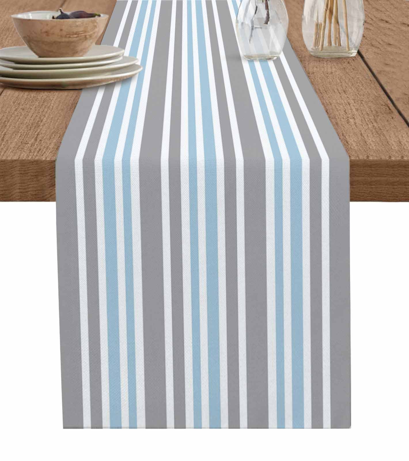 Blue Grey Striped Table Runners 120 Inches Long, Cotton Linen Fabric ...