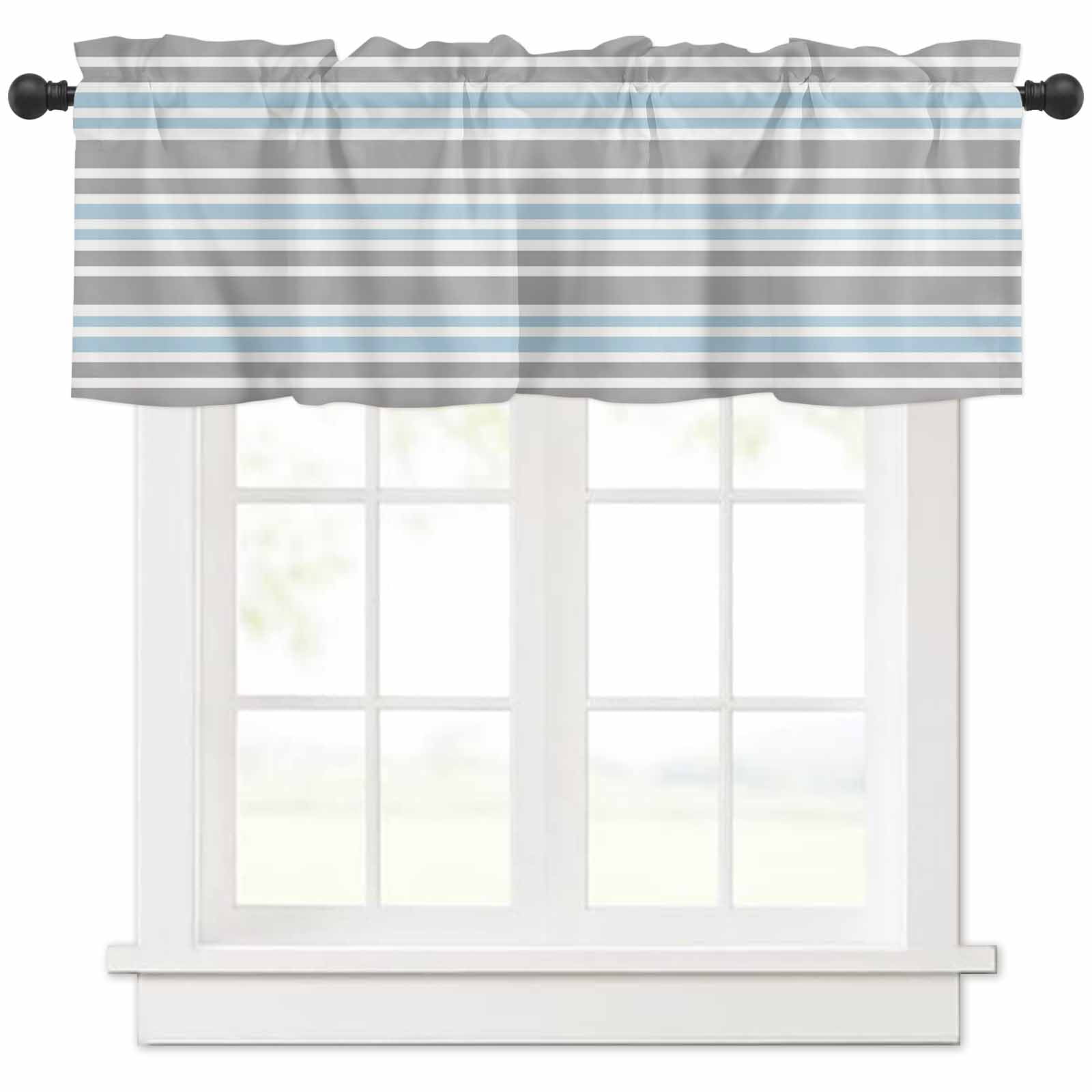 Blue Grey Striped Valances for Windows Farmhouse Kitchen Curtains ...