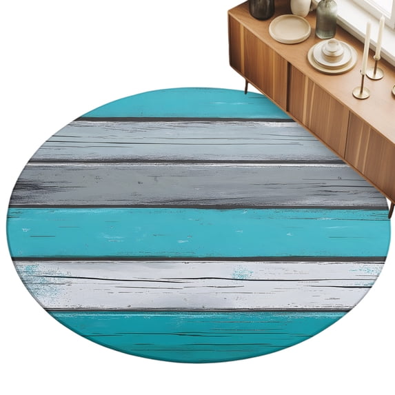 Blue Grey Stripes Area Rugs 4' (Round) Vintage Coastal Style Wood ...