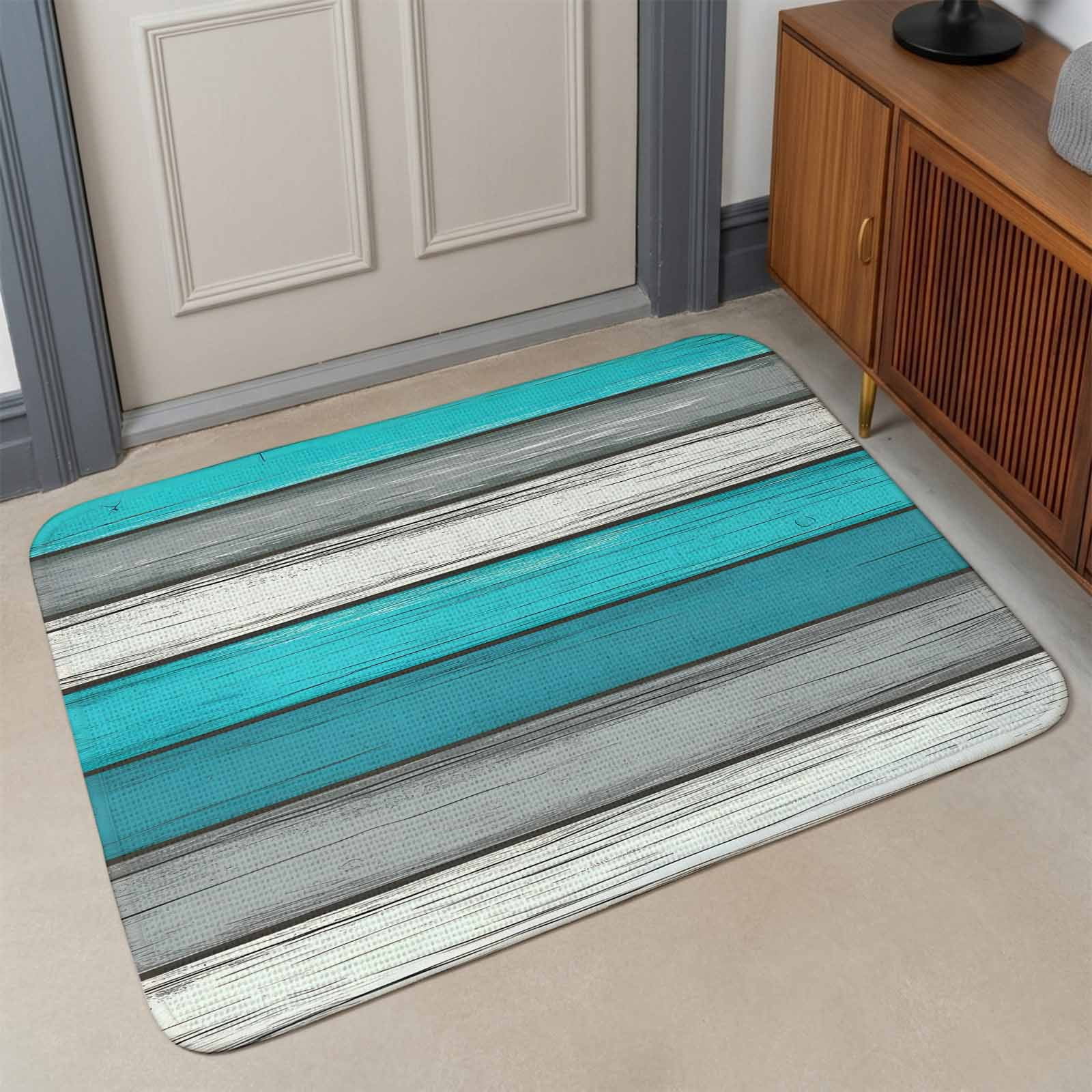 Blue Grey Stripes Front Door Mat Indoor Entrance, Retro Coastal Style ...
