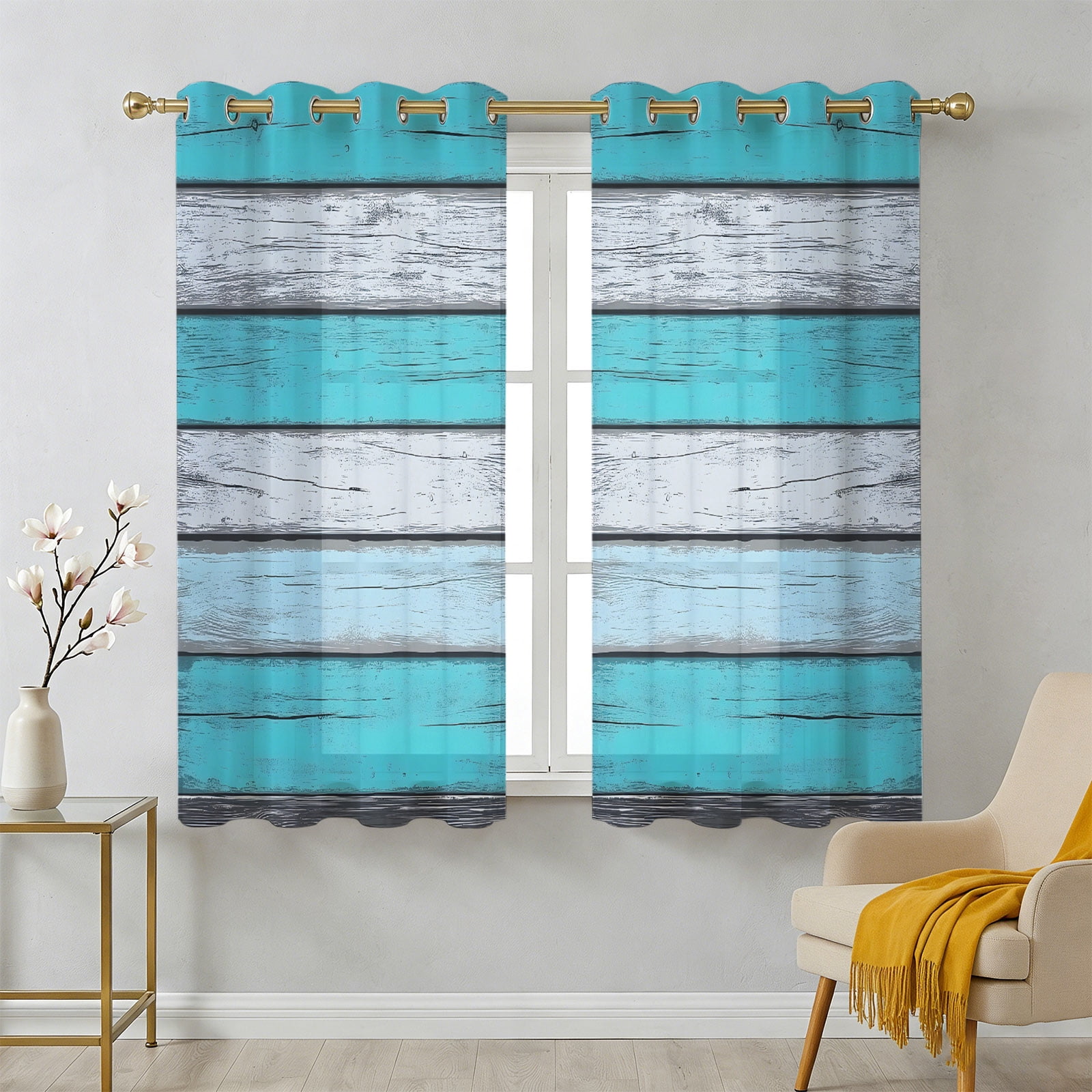 Blue Grey Stripes Sheer Curtains 39 Inch Long 2 Panels, Retro Coastal ...