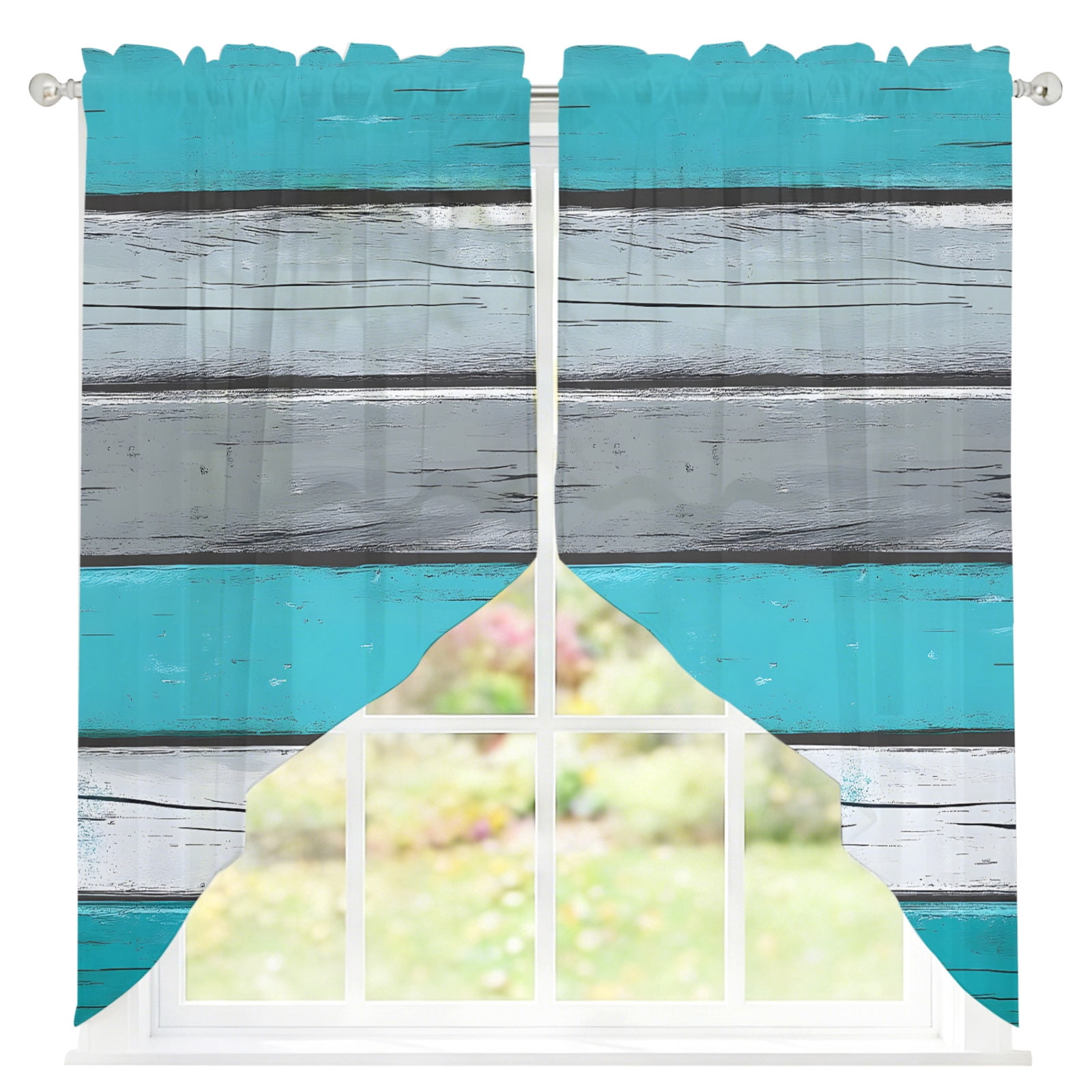 Blue Grey Stripes Sheer Curtains Swag Valances for Windows Vintage ...