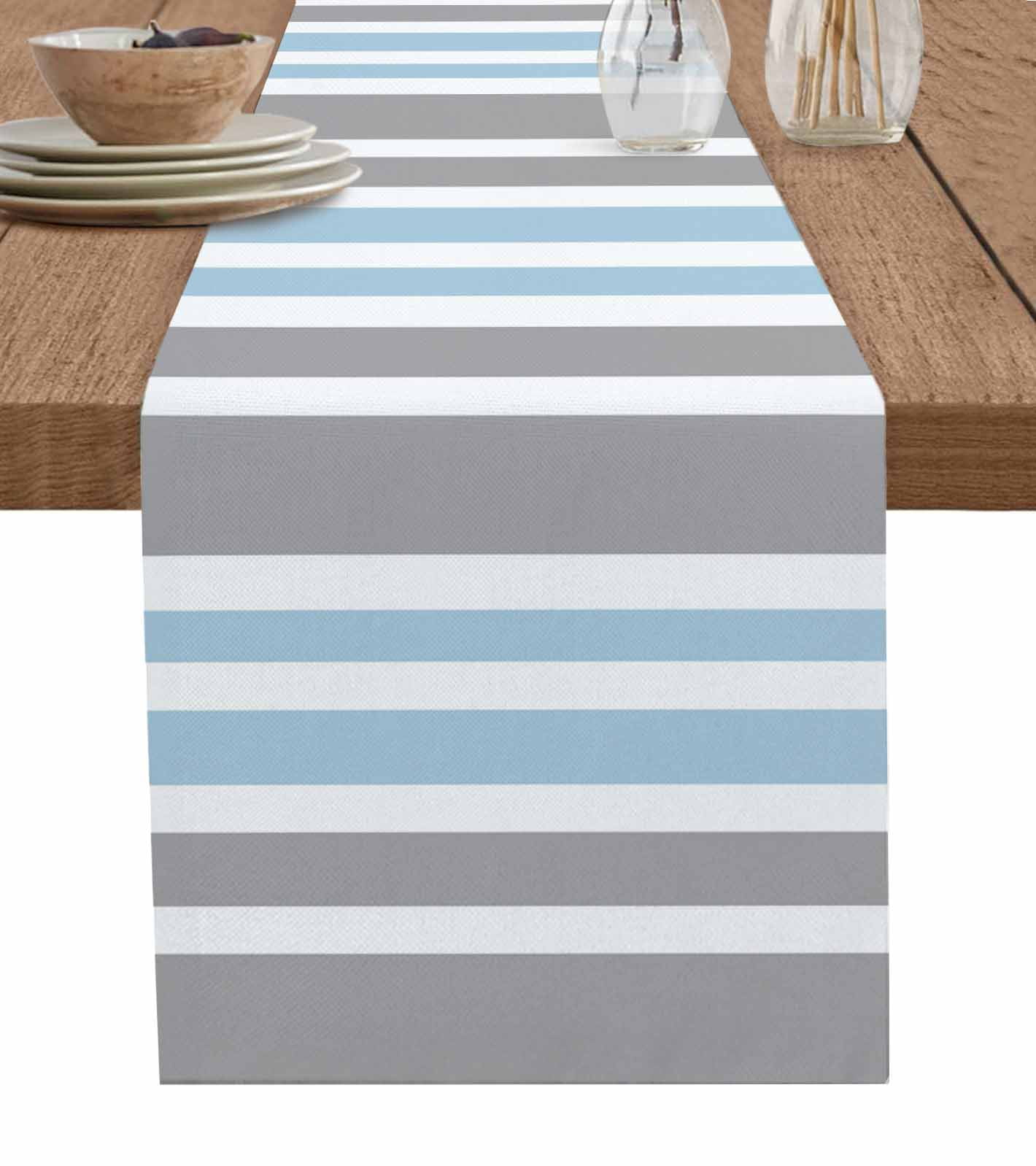 Blue Grey Stripes Short Table Runners 36 Inches, Cotton Linen Fabric ...