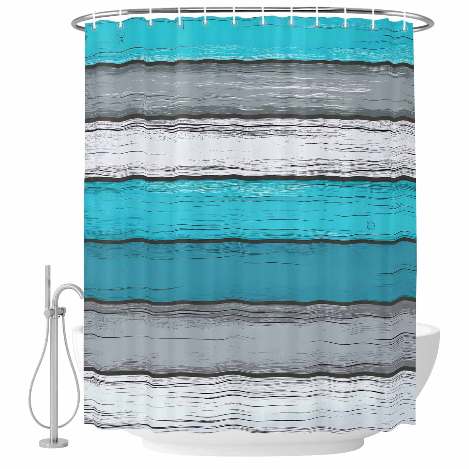 Blue Grey Stripes Shower Curtain Set with Hooks, Retro Coastal Style ...