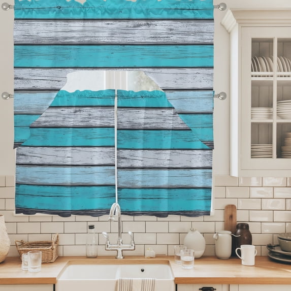 Blue Grey Stripes Swag Curtains Valance and Tier Set, Retro Coastal ...