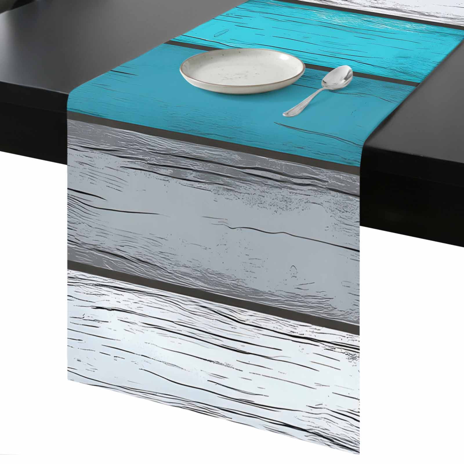 Blue Grey Stripes Table Runner 13x120 Inch Retro Coastal Style Wood ...