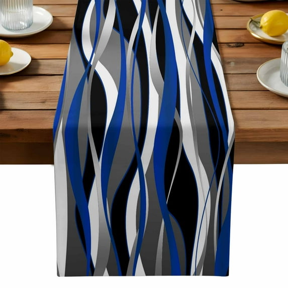 Blue Grey Stripes Table Runner, Abstract Line Geometric Blue Black Gray ...