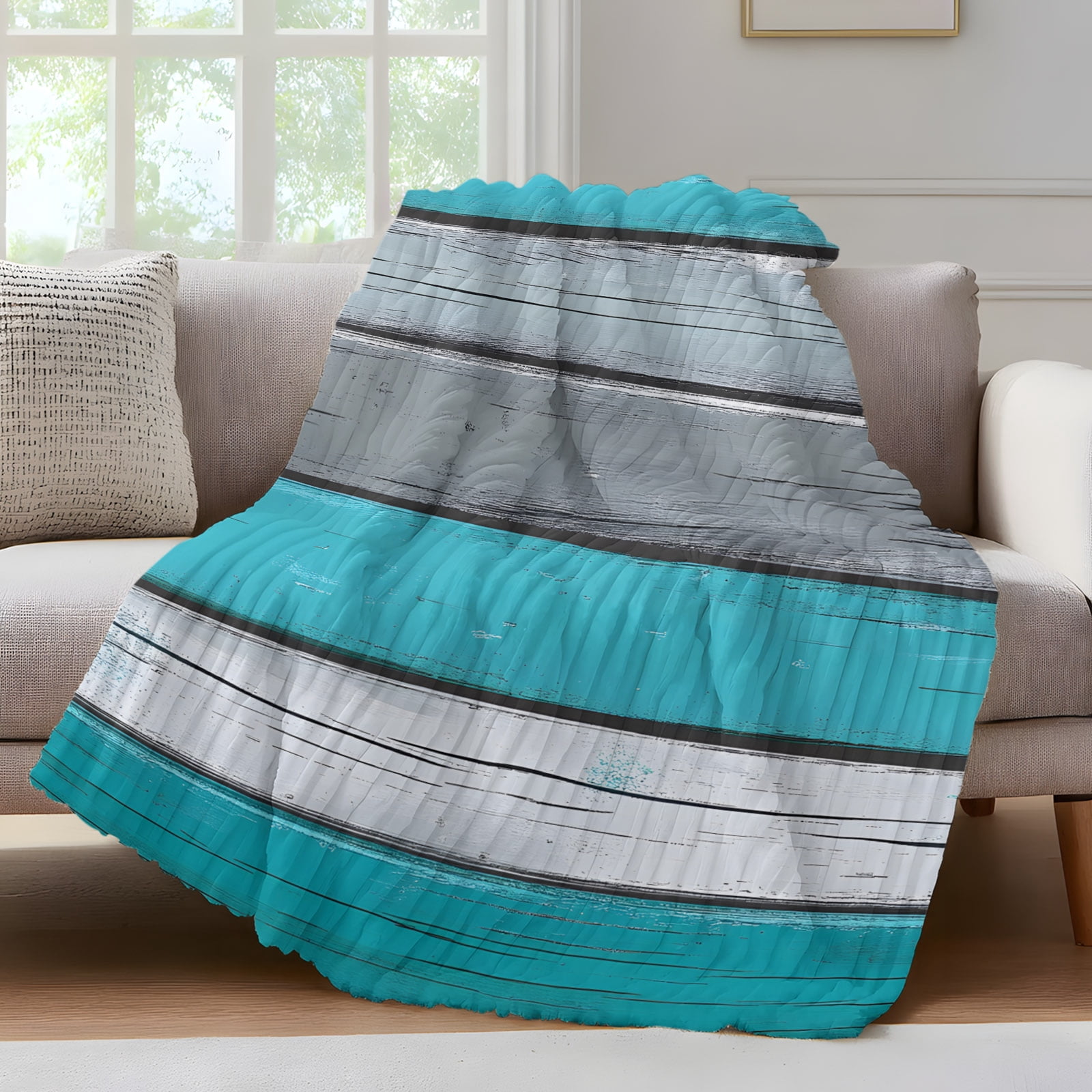 Blue Grey Stripes Throw Blanket for Couch Vintage Coastal Style Wood ...