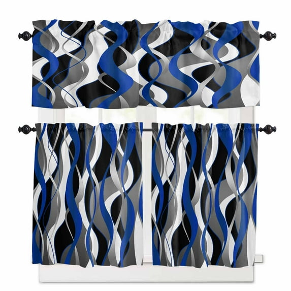 Blue Grey Stripes Window Curtains Valance Set of 3 Abstract Line ...
