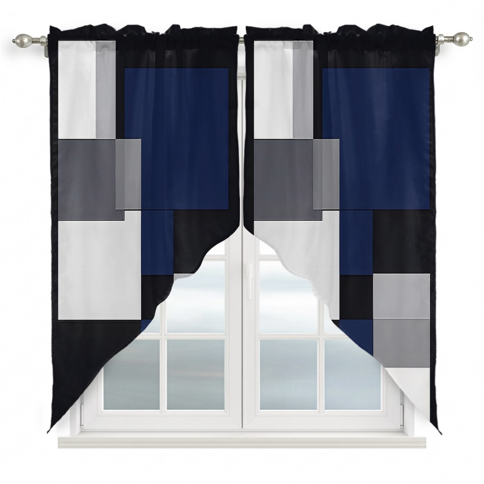 Blue Grey Swag Curtain Valance for Window 2 Panels Black Geometric ...