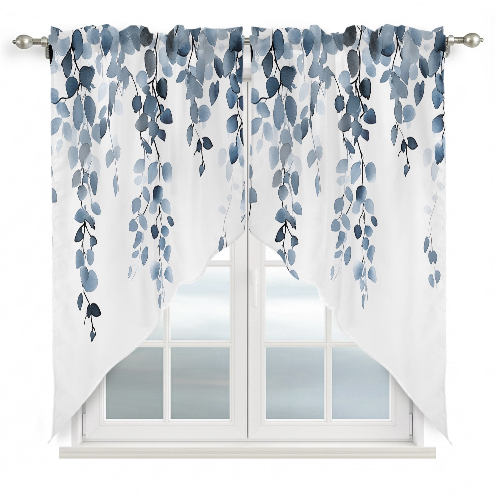 Blue Grey Swag Curtain Valance for Window 2 Panels Eucalyptus Leaves ...