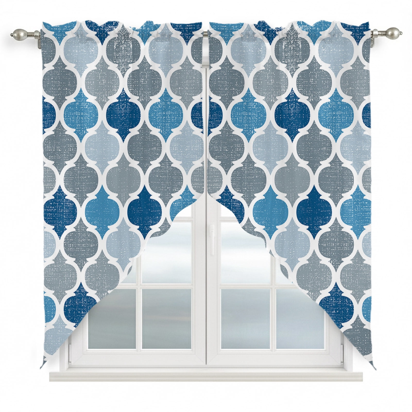 Blue Grey Swag Curtain Valance for Window 2 Panels Geometric Morocco ...
