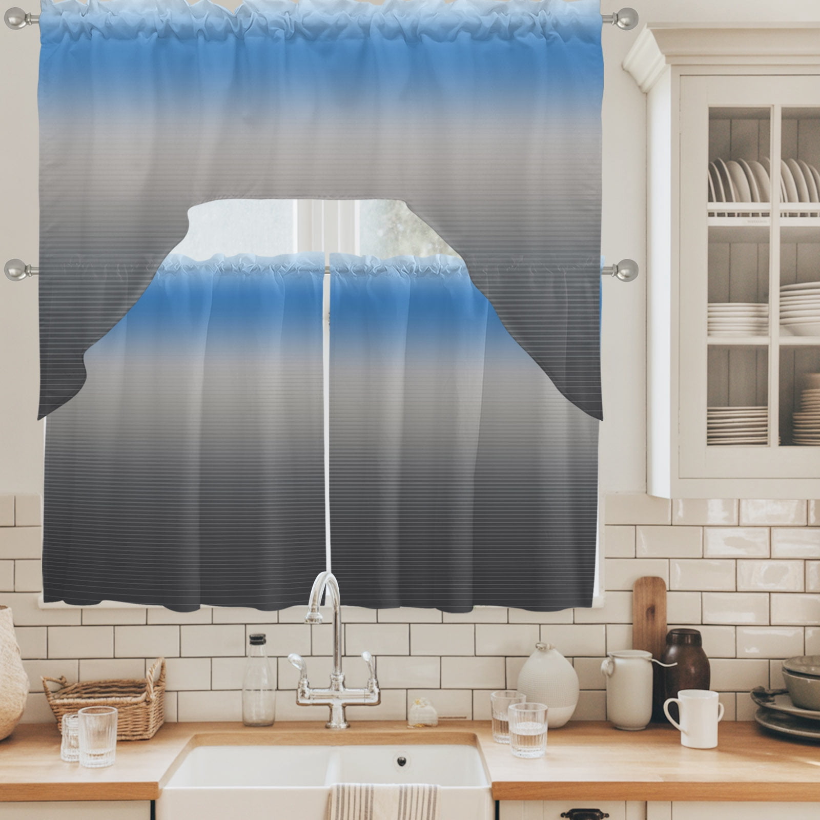 Blue Grey Swag Curtains Valance and Tier Set, Stripe Gradient Swag ...