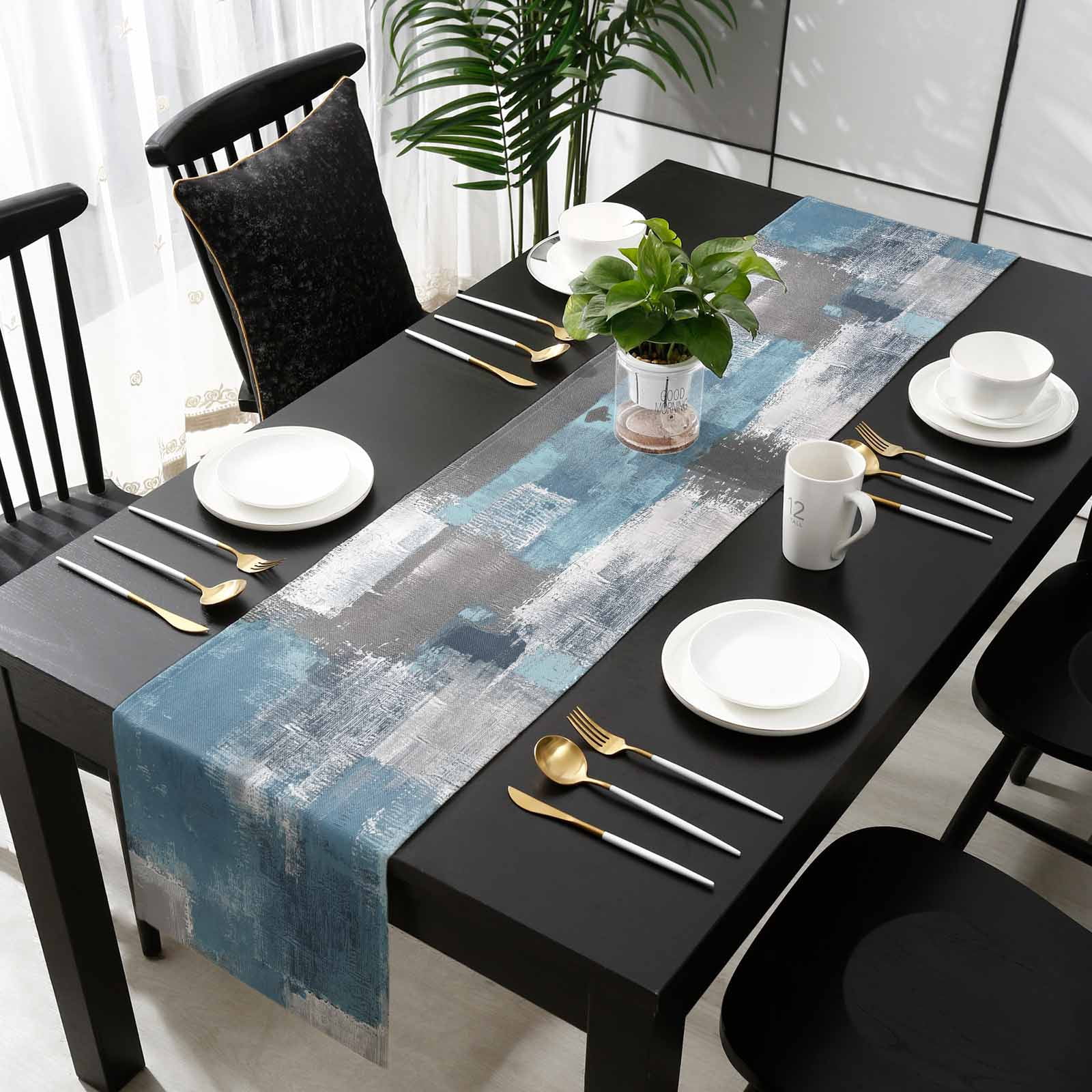 Blue Grey Table Runner 108 Inches Long - Modern Oil Painting Art ...