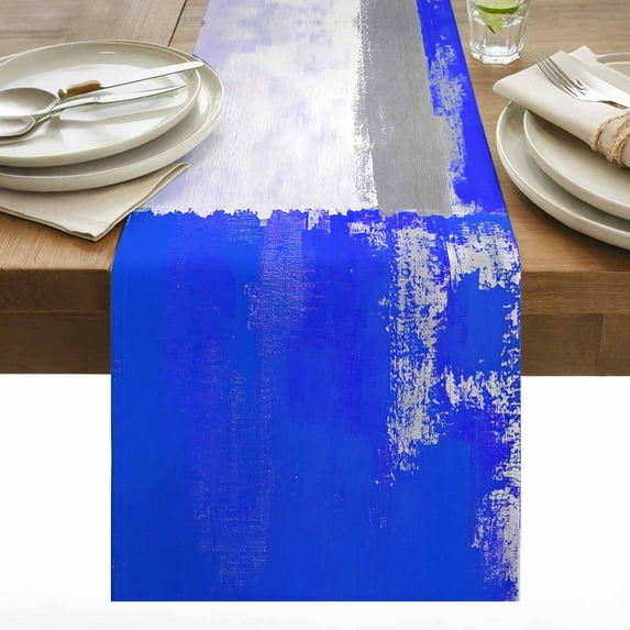 Blue Grey Table Runner 13x48 inch Graffiti Geometric Oil Painting ...