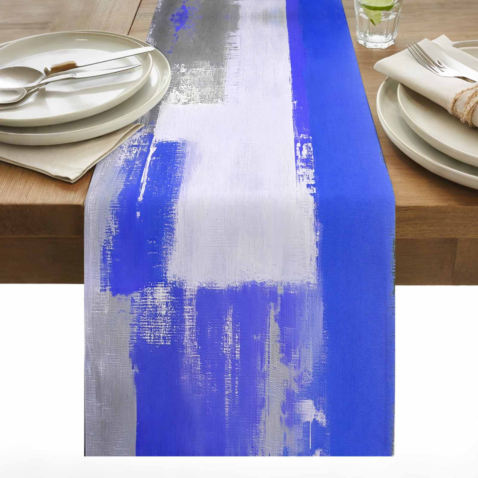 Blue Grey Table Runner 13x72 inch Graffiti Art Abstract Geometric Oil ...