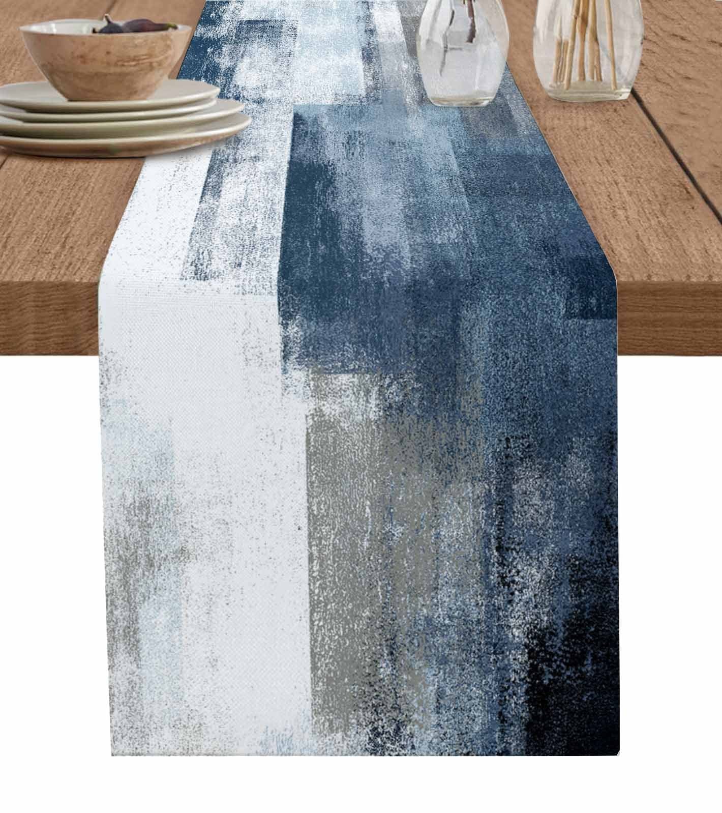 Blue Grey Table Runner Abstract Modern Painting Mottled White Art ...