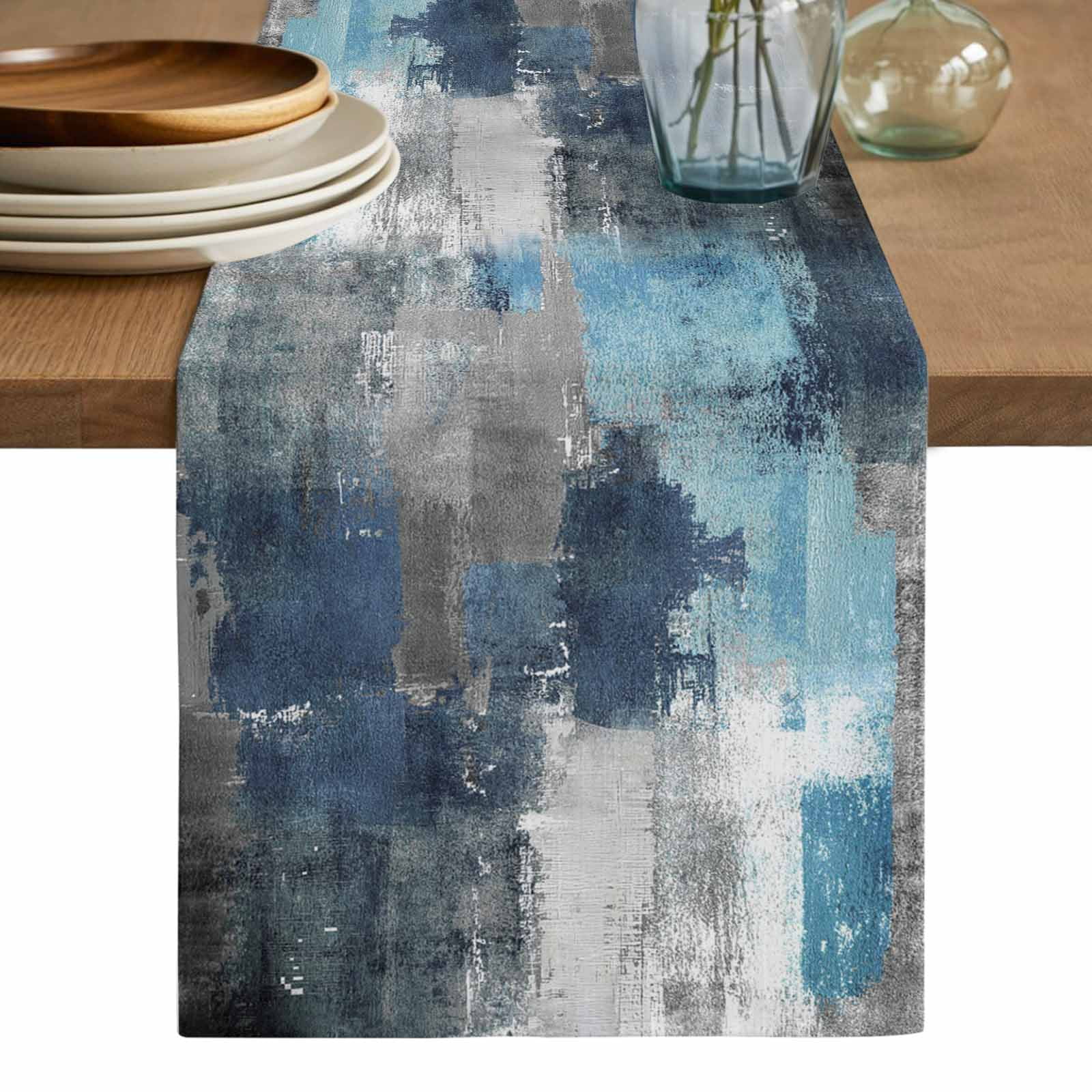 Blue Grey Table Runner, Modern Oil Painted Abstract Art Aesthetics ...