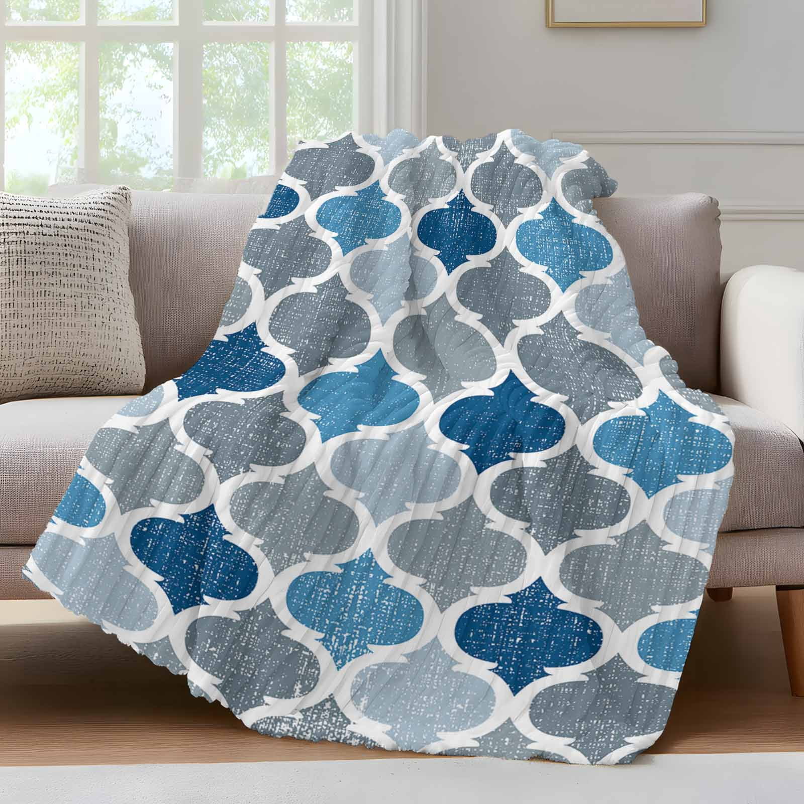 Blue Grey Throw Blanket for Couch Geometric Morocco Quatrefoil Lattice ...