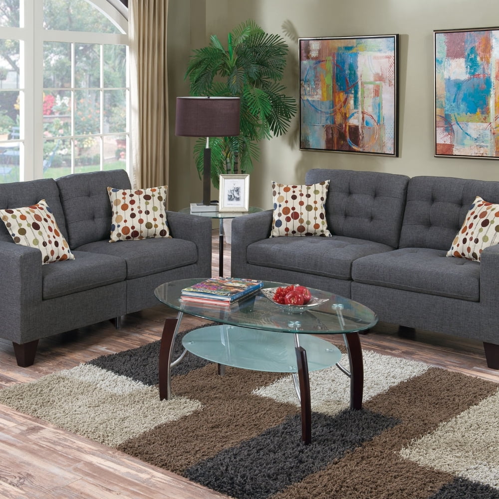 Blue Grey Tufted Polyfiber Sofa Set Living Room Furniture with Pillows ...