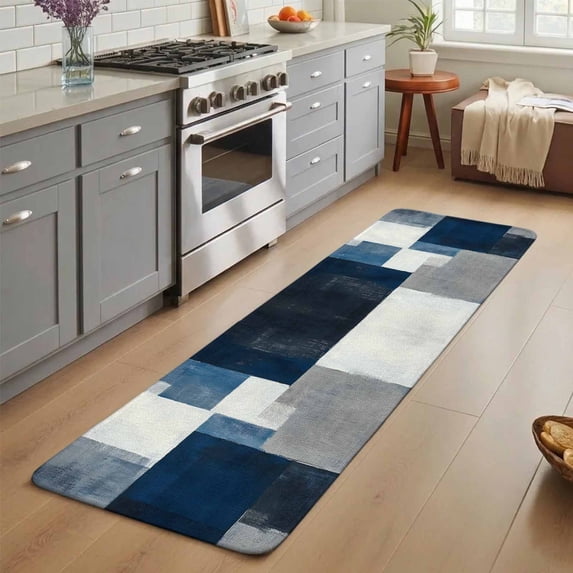 Blue Grey Washable Runner Rug 3X7 ft Abstract Graffiti Modern Mottled ...