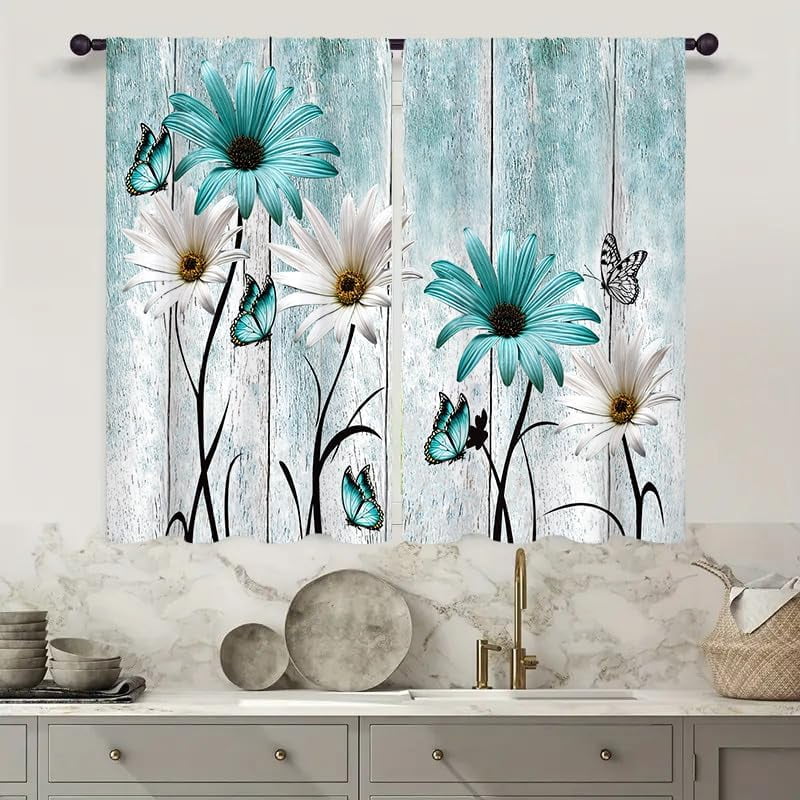 Blue Grey White Floral Daisy Kitchen Curtains 27.5W X 39L Inch 2 Panel ...