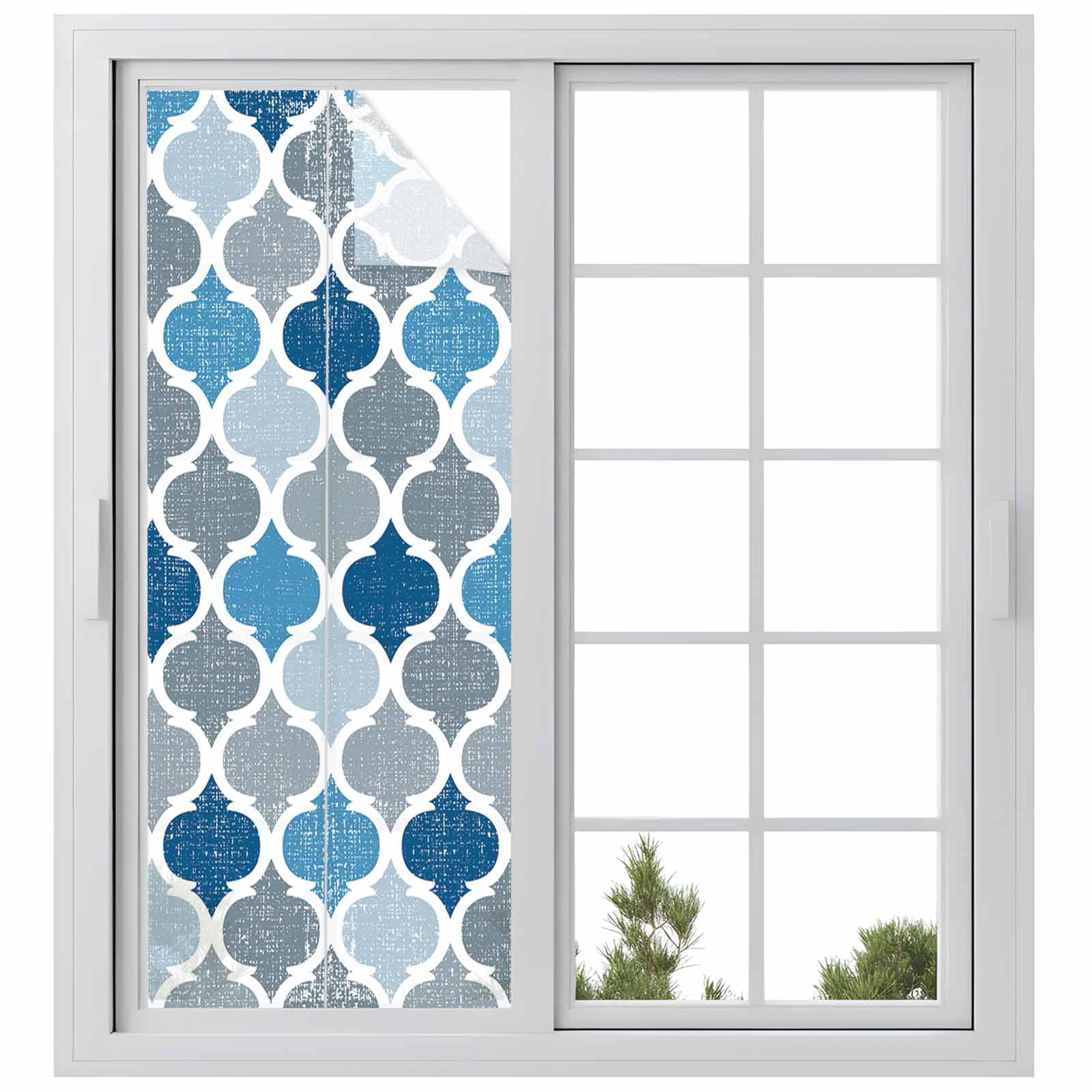 Blue Grey Window Privacy Film Geometric Morocco Quatrefoil Lattice ...
