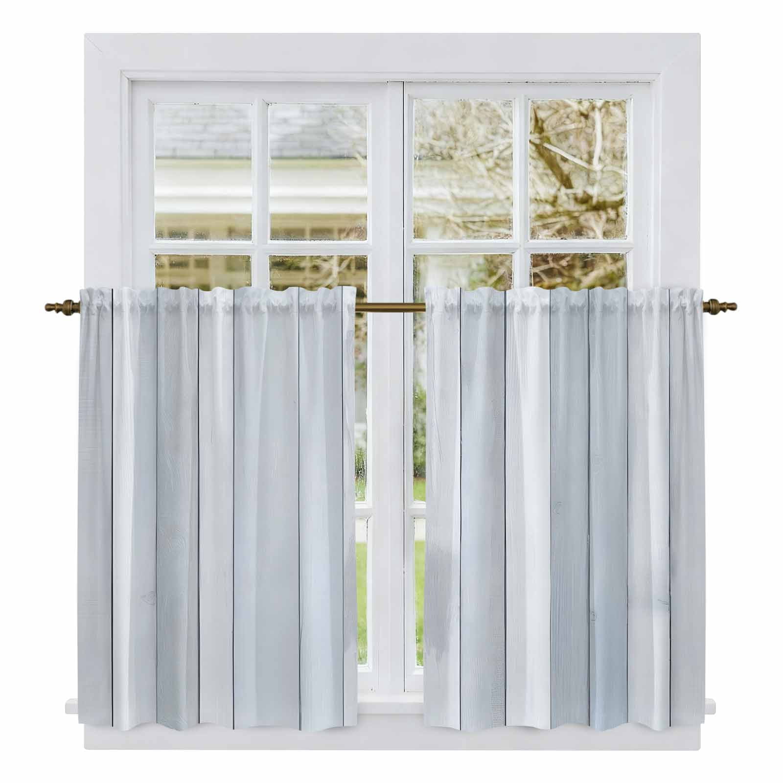 Blue Grey Wood Plank Kitchen Curtains, Farmhouse Wooden Grain Rustic ...