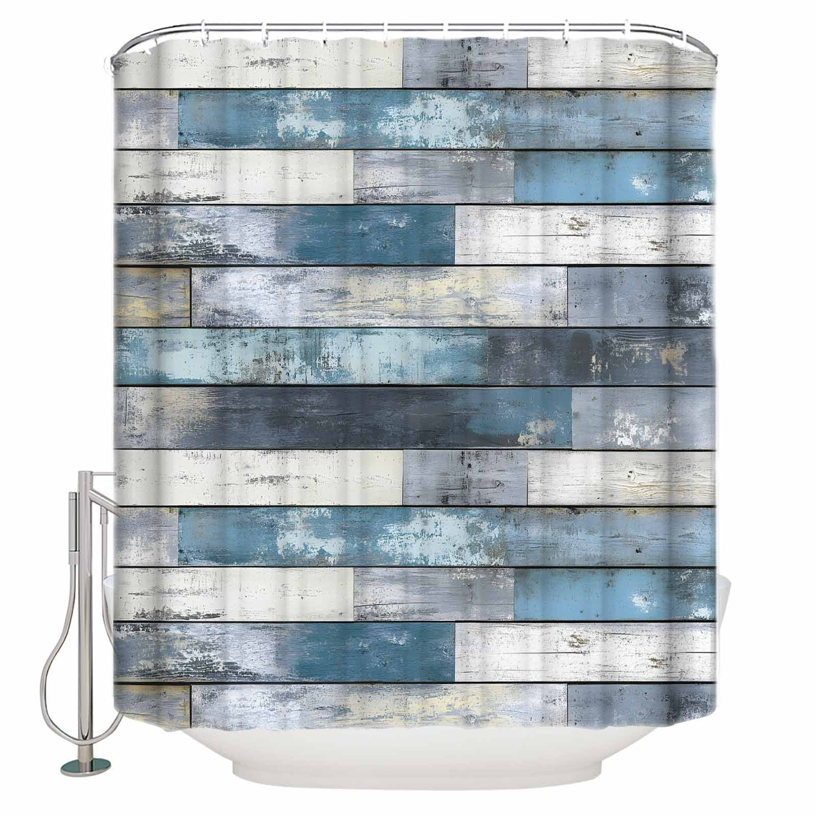 Blue Grey Wooden Bathroom Shower Curtains with 12 Hooks Polyester ...