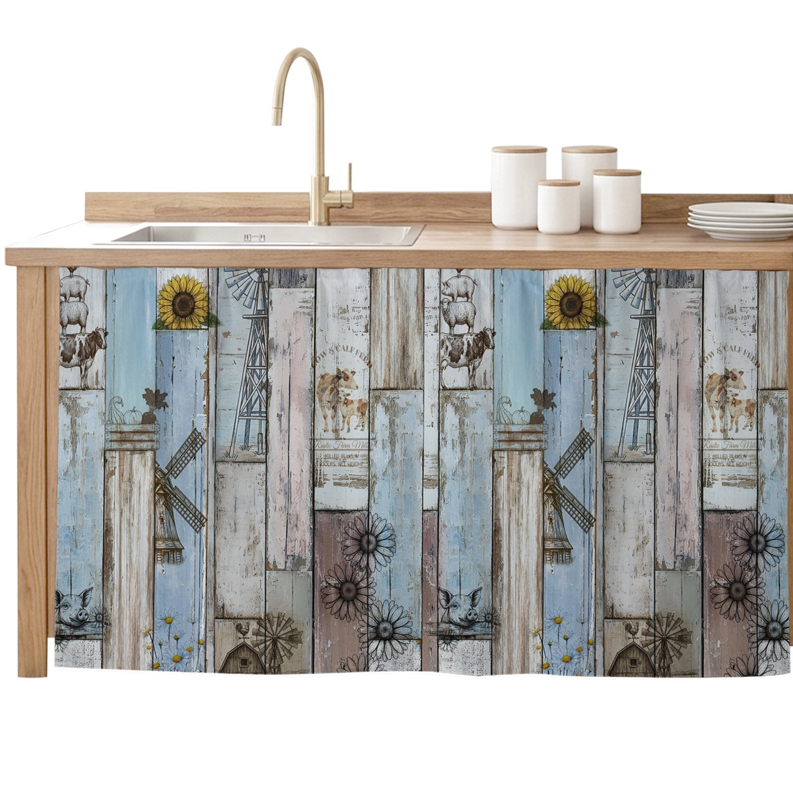 Blue Grey Wooden Cabinet Curtains 32"W x 55"L,Dustproof Sink Skirt ...