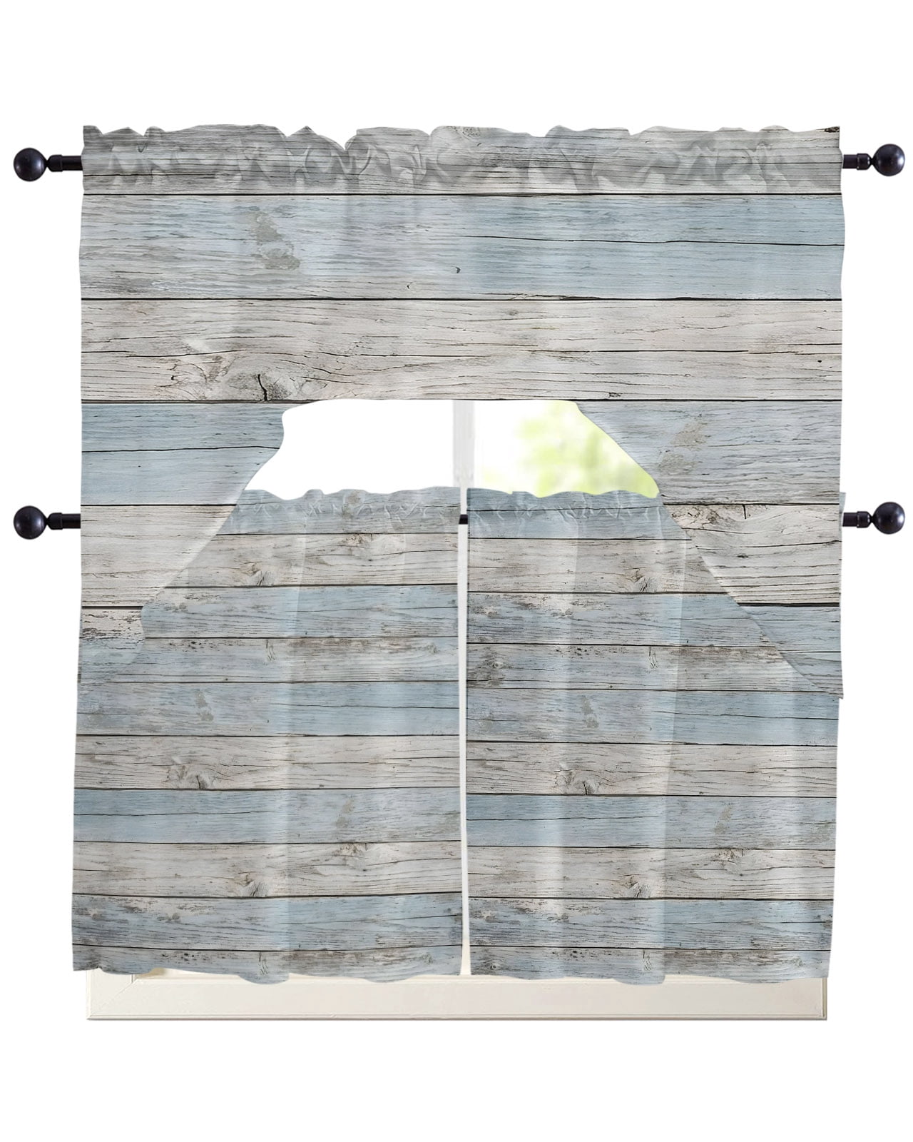 Blue Grey Wooden Kitchen Curtains Set for Windows 3 Piece Cafe Curtains ...