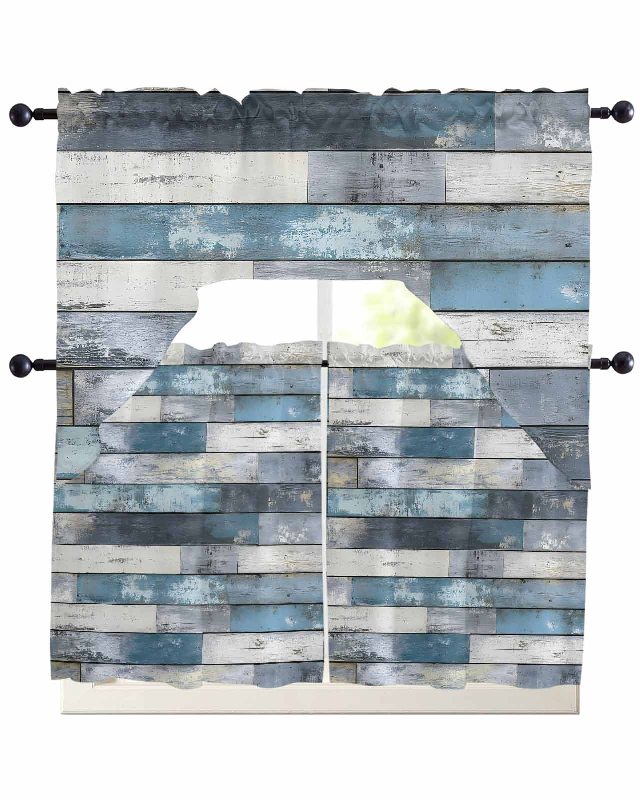 Blue Grey Wooden Kitchen Curtains Swag Valance and Tier Curtains Set 24 ...