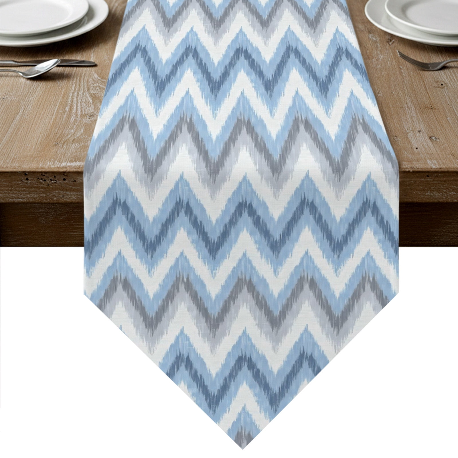 Blue Grey Zigzag Table Runner Linen Burlap Table Runner 70 Inches Long ...