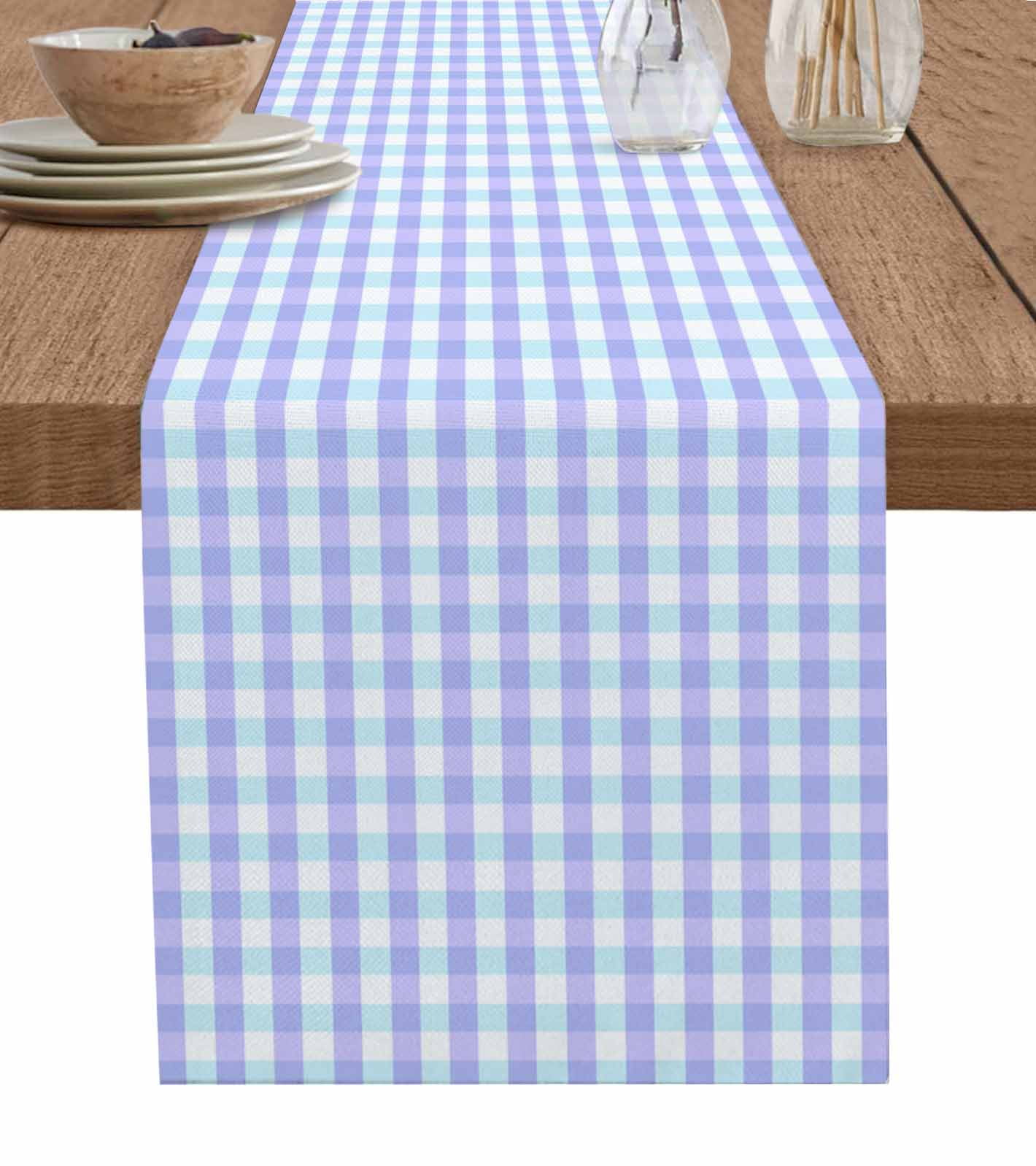 Blue Grid Burlap Cotton Table Runner 13x70 Inches Long, Checkered Plaid ...