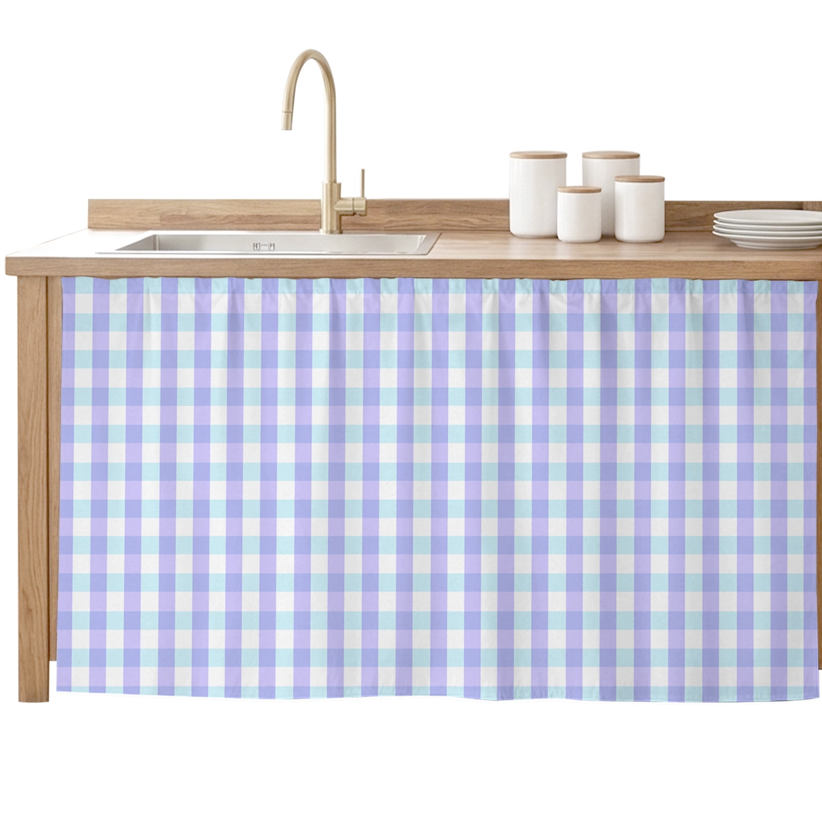 Blue Grid Cabinet Curtains 28"W x 51"L,Dustproof Sink Skirt Curtain for ...