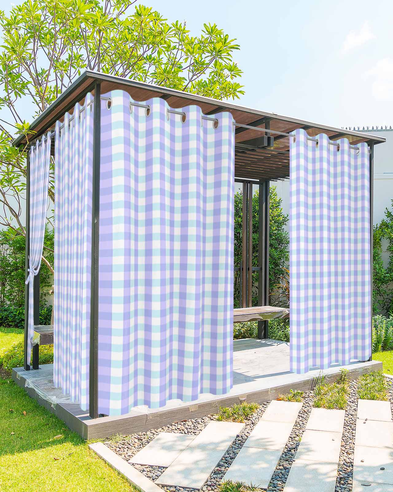 Blue Grid Outdoor Curtains for Patio Waterproof,Checkered Plaid Gingham ...