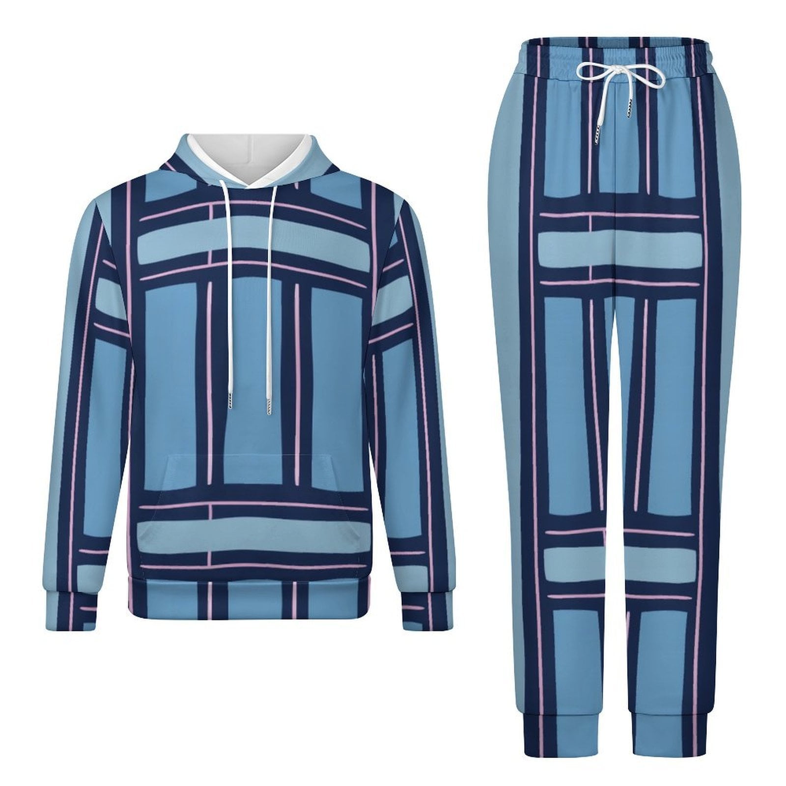 Blue Grid Pattern Hoodie Pant Suits Men Women Hooded Sweatshirts Outfit ...