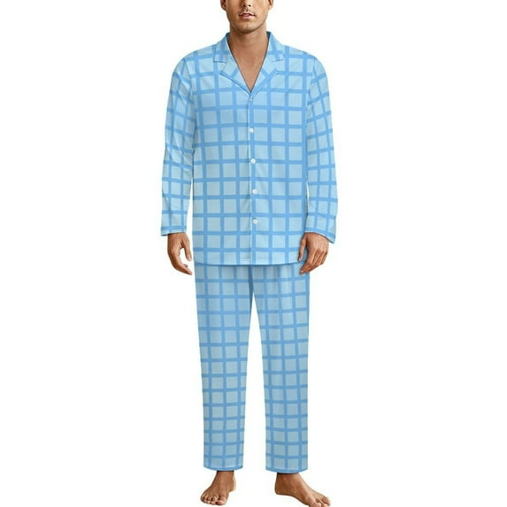 Blue Grid Pattern Pajama Set Autumn Soft Home Sleepwear Man 2 Piece ...