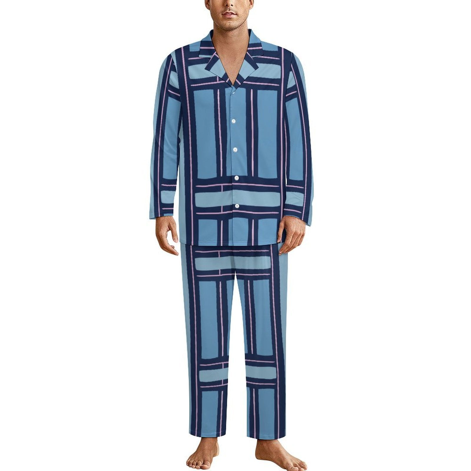 Blue Grid Pattern Pajamas Men Sleep Sleepwear Spring 2 Piece Casual ...