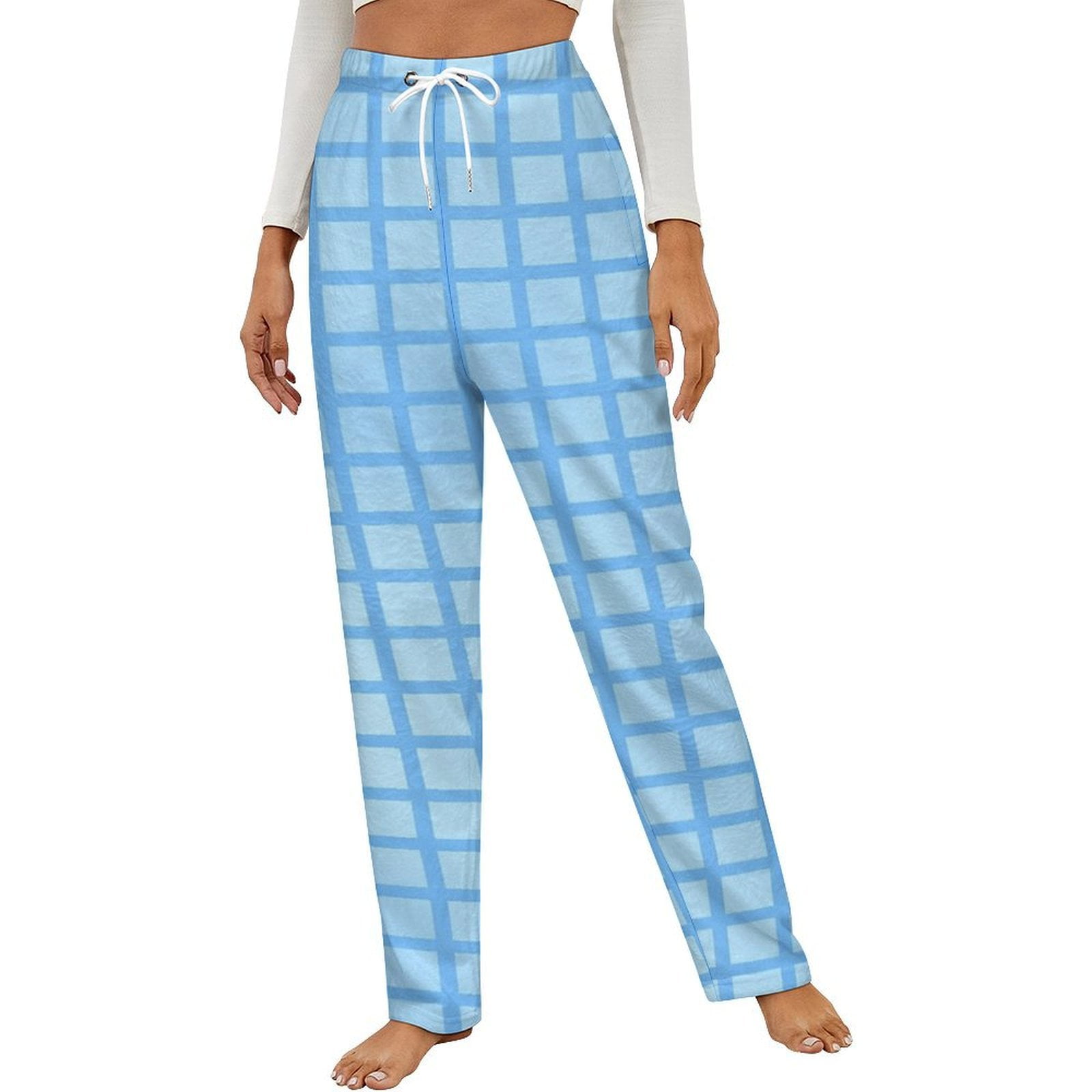 Blue Grid Pattern Winter Pajamas Pants Warm Flannel Home Pants Loose ...