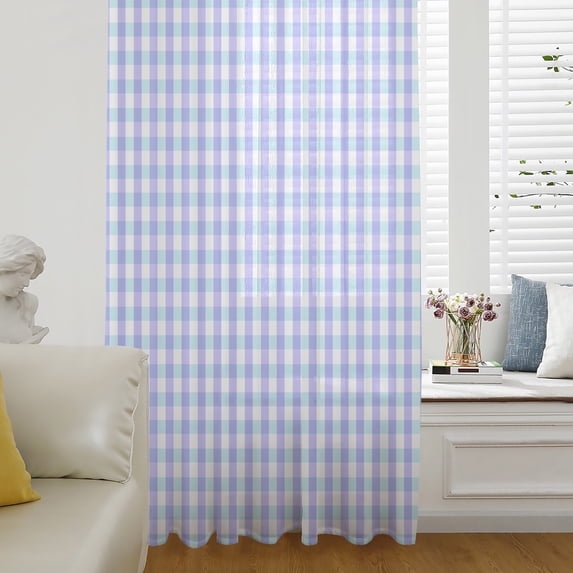 Blue Grid Sheer Curtains 72 Inch Length, Light Filtering Voile Curtain ...