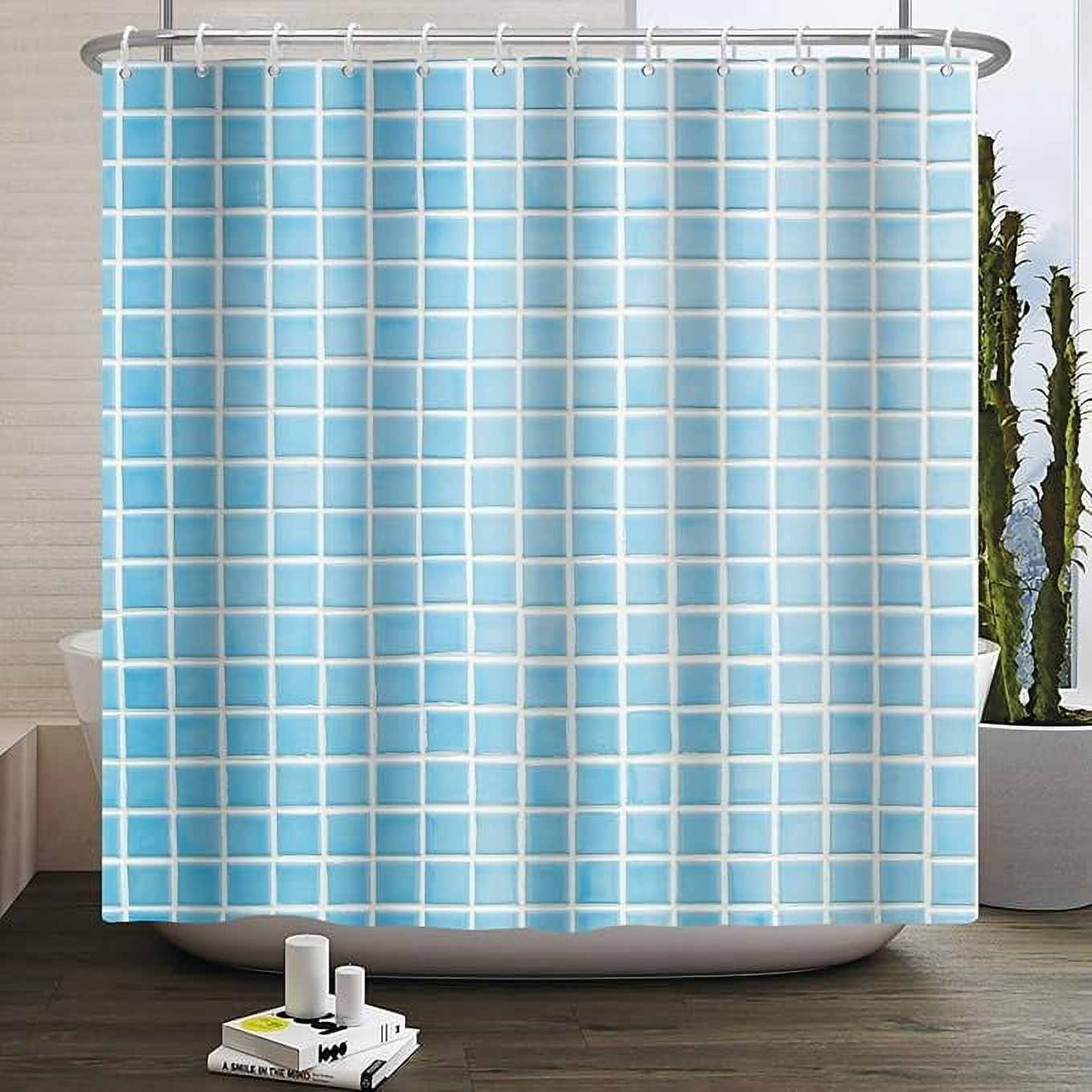 Blue Grid Shower Curtain Abstract Grid Tiles Printed Bathtub Bath ...