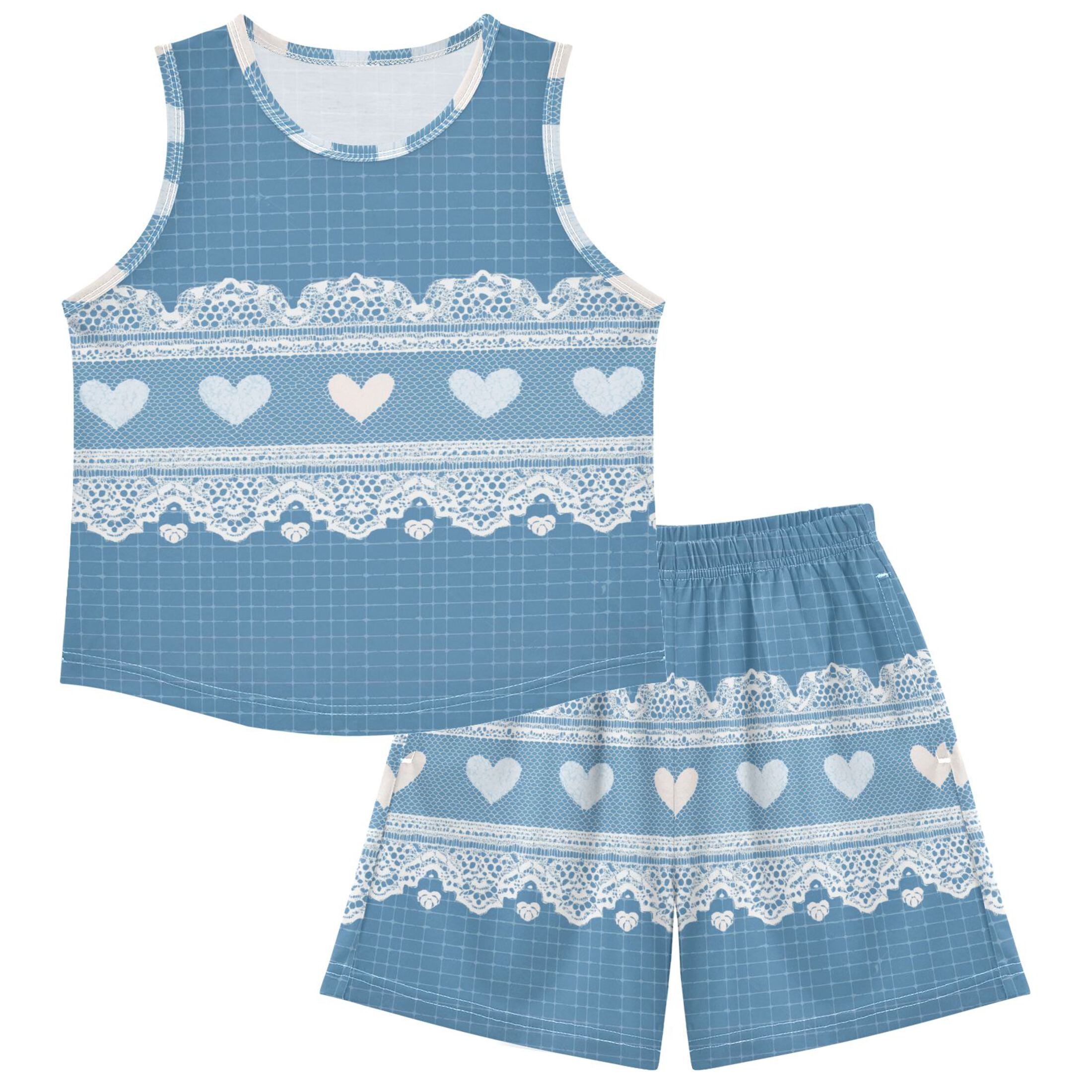Blue Grids Lace Hearts Valentine Pajamas Set Sleeveless Sleepwear Tank ...
